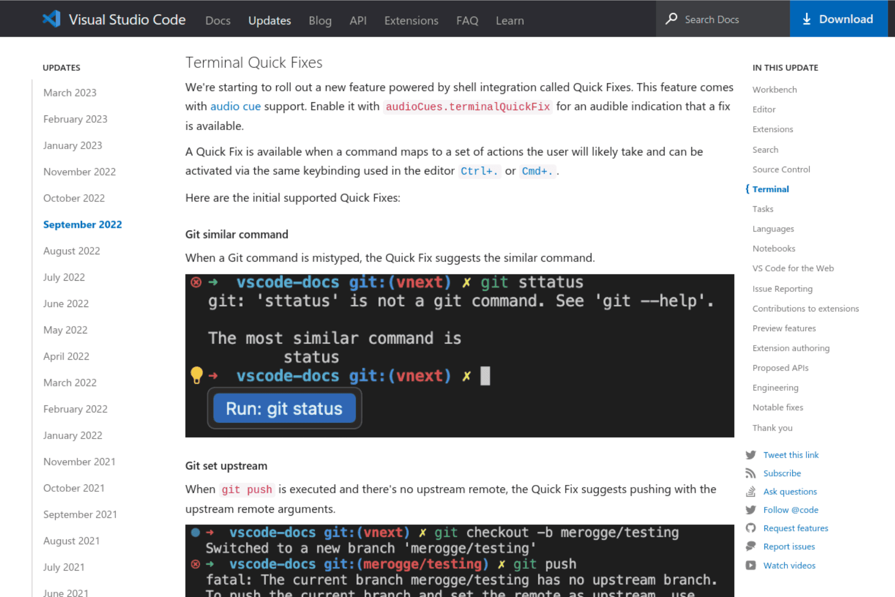 VS Code 1.72 버전의 release note Terminal Quick Fixes 기능을 소개하는 트윗